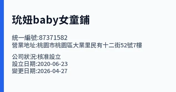 玧妞baby女童鋪的照片-統編 87371582(桃園市) 公司登記資料與營業項目詳細圖表
