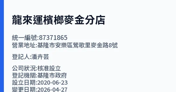 龍來運檳榔麥金分店的照片-統編 87371865(基隆市) 公司登記資料與營業項目詳細圖表
