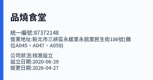 品燒食堂的照片-統編 87372148(新北市) 公司登記資料與營業項目詳細圖表