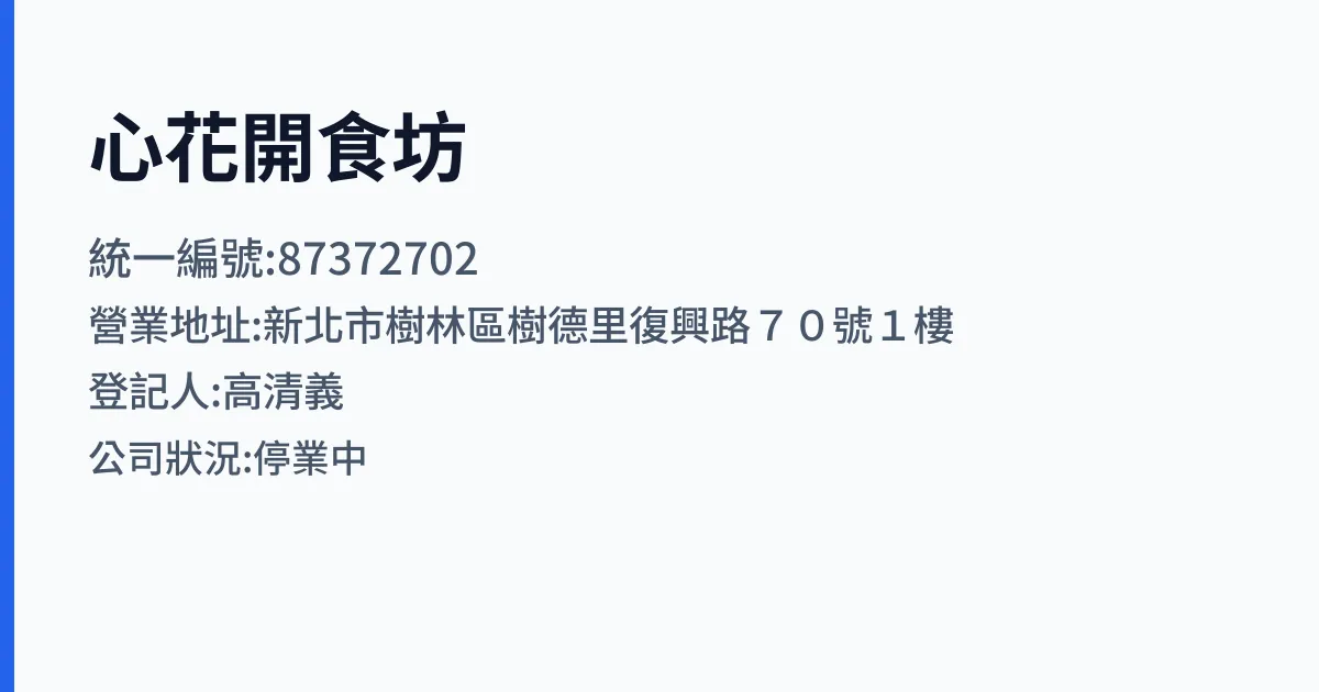 心花開食坊 - 統編 87372702(新北市) 公司登記資料與營業項目詳細圖表