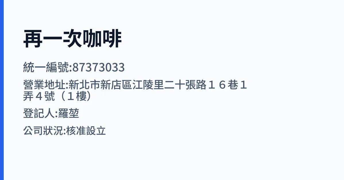 再一次咖啡 - 統編 87373033(新北市) 公司登記資料與營業項目詳細圖表