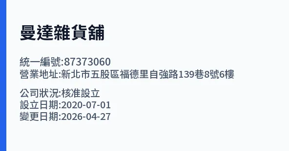 曼達雜貨舖的照片-統編 87373060(新北市) 公司登記資料與營業項目詳細圖表
