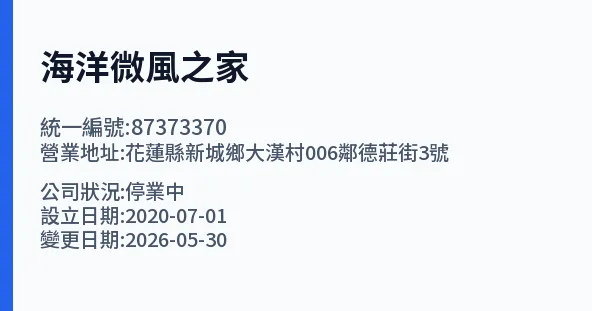 海洋微風之家的照片-統編 87373370(花蓮縣) 公司登記資料與營業項目詳細圖表