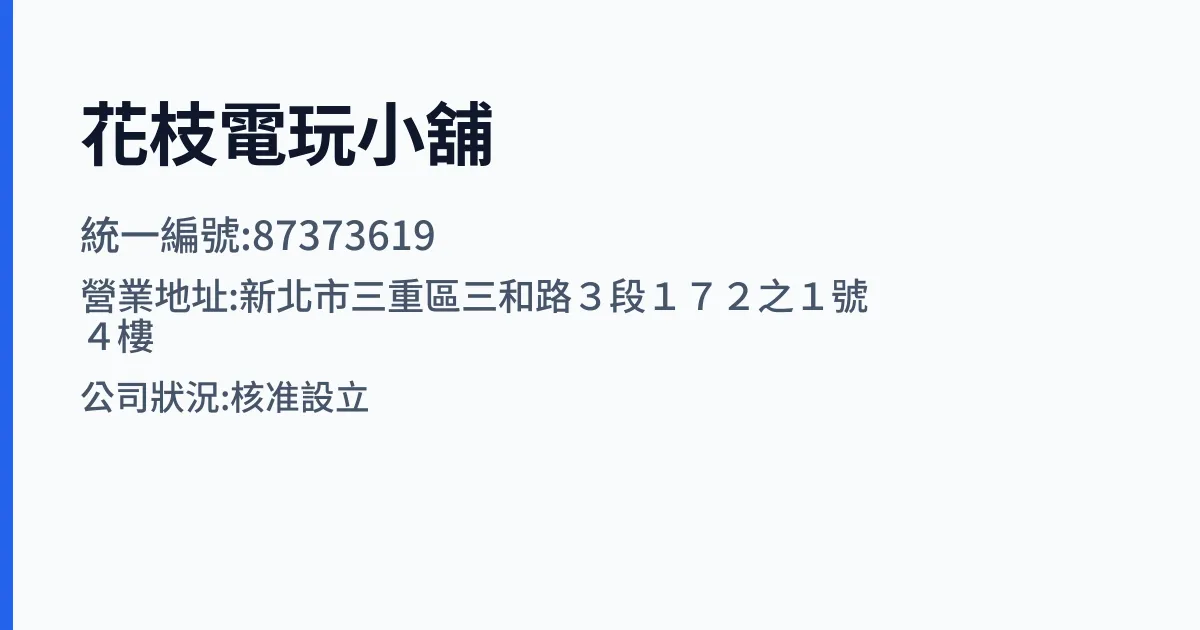 花枝電玩小舖 - 統編 87373619(新北市) 公司登記資料與營業項目詳細圖表