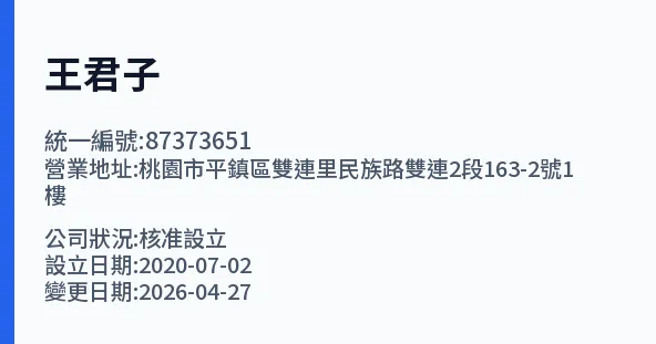 王君子的照片-統編 87373651(桃園市) 公司登記資料與營業項目詳細圖表