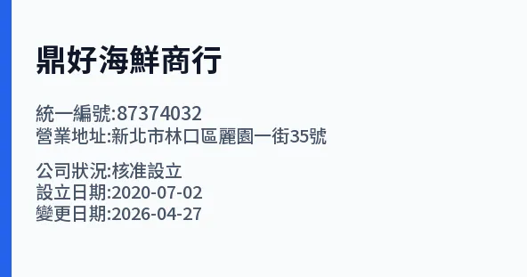鼎好海鮮商行的照片-統編 87374032(新北市) 公司登記資料與營業項目詳細圖表