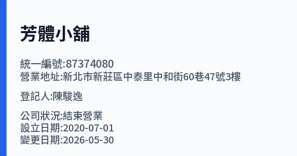 芳體小舖的照片-統編 87374080(新北市) 公司登記資料與營業項目詳細圖表