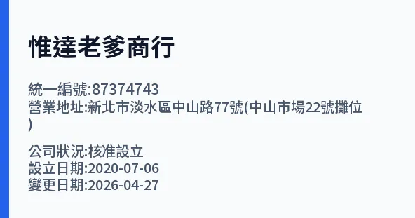 惟達老爹商行的照片-統編 87374743(新北市) 公司登記資料與營業項目詳細圖表