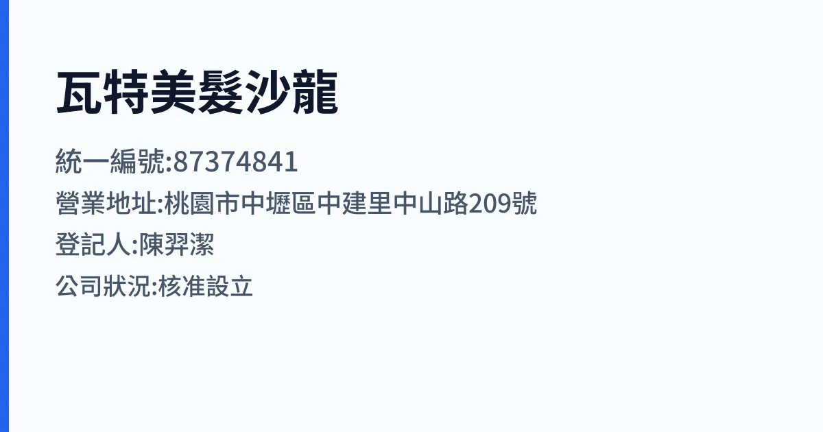 瓦特美髮沙龍 - 統編 87374841(桃園市) 公司登記資料與營業項目詳細圖表