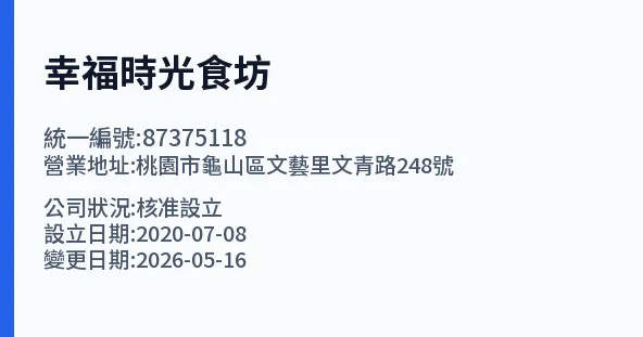 幸福時光食坊的照片-統編 87375118(桃園市) 公司登記資料與營業項目詳細圖表