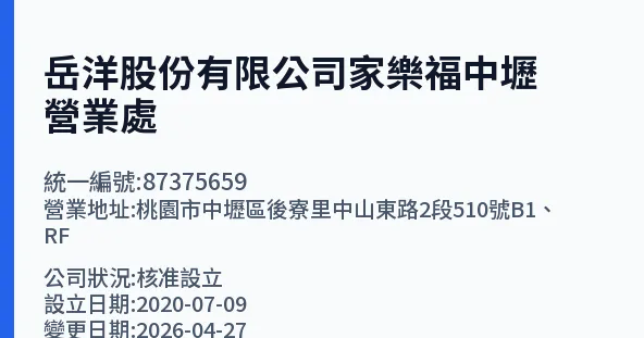 岳洋股份有限公司家樂福中壢營業處的照片-統編 87375659(桃園市) 公司登記資料與營業項目詳細圖表