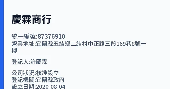 慶霖商行的照片-統編 87376910(宜蘭縣) 公司登記資料與營業項目詳細圖表