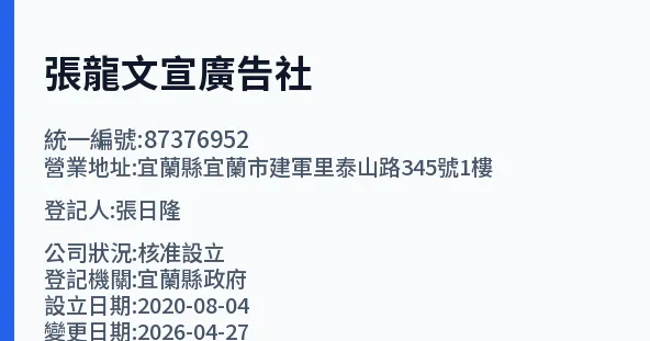 張龍文宣廣告社的照片-統編 87376952(宜蘭縣) 公司登記資料與營業項目詳細圖表