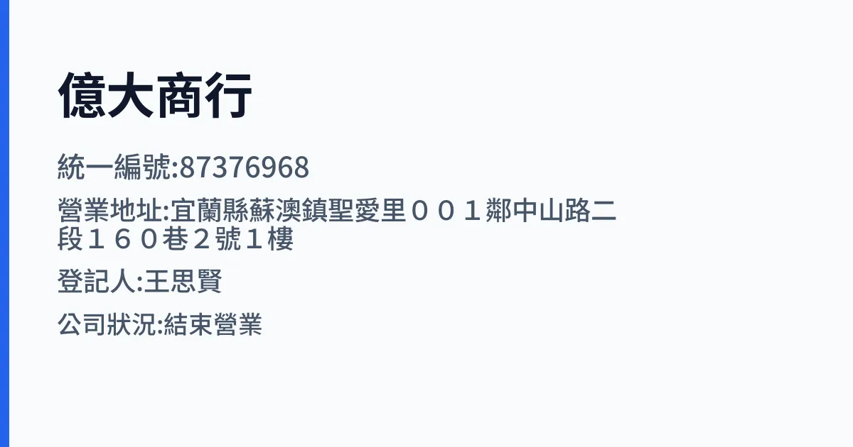 億大商行 - 統編 87376968(宜蘭縣) 公司登記資料與營業項目詳細圖表