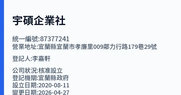 宇碩企業社的照片-統編 87377241(宜蘭縣) 公司登記資料與營業項目詳細圖表