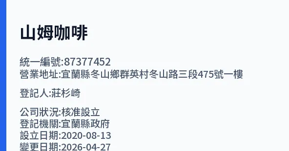 山姆咖啡的照片-統編 87377452(宜蘭縣) 公司登記資料與營業項目詳細圖表