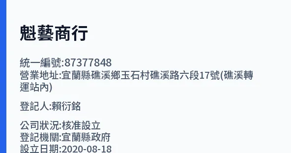 魁藝商行的照片-統編 87377848(宜蘭縣) 公司登記資料與營業項目詳細圖表