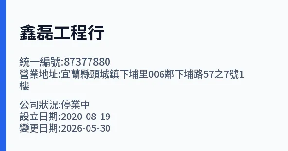 鑫磊工程行的照片-統編 87377880(宜蘭縣) 公司登記資料與營業項目詳細圖表