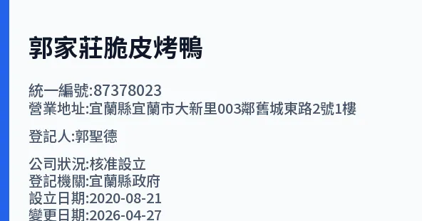 郭家莊脆皮烤鴨的照片-統編 87378023(宜蘭縣) 公司登記資料與營業項目詳細圖表