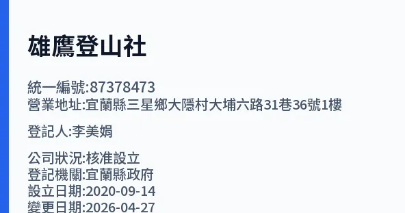 雄鷹登山社的照片-統編 87378473(宜蘭縣) 公司登記資料與營業項目詳細圖表