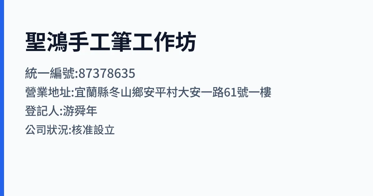 聖鴻手工筆工作坊 - 統編 87378635(宜蘭縣) 公司登記資料與營業項目詳細圖表