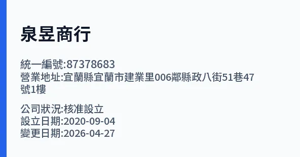 泉昱商行的照片-統編 87378683(宜蘭縣) 公司登記資料與營業項目詳細圖表