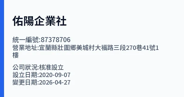 佑陽企業社的照片-統編 87378706(宜蘭縣) 公司登記資料與營業項目詳細圖表