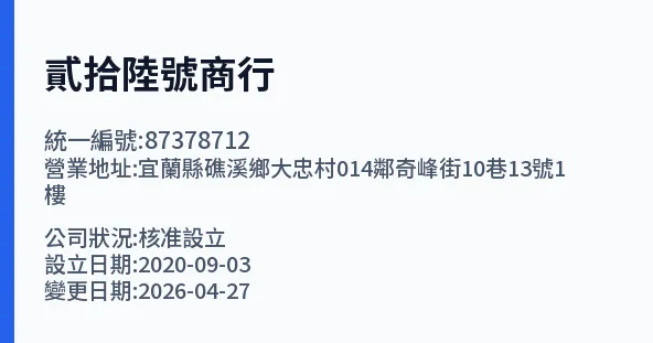 貳拾陸號商行的照片-統編 87378712(宜蘭縣) 公司登記資料與營業項目詳細圖表