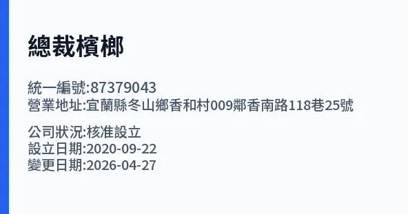總裁檳榔的照片-統編 87379043(宜蘭縣) 公司登記資料與營業項目詳細圖表