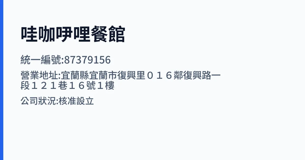 哇咖吚哩餐館 - 統編 87379156(宜蘭縣) 公司登記資料與營業項目詳細圖表