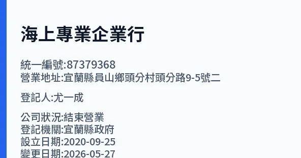 海上專業企業行的照片-統編 87379368(宜蘭縣) 公司登記資料與營業項目詳細圖表