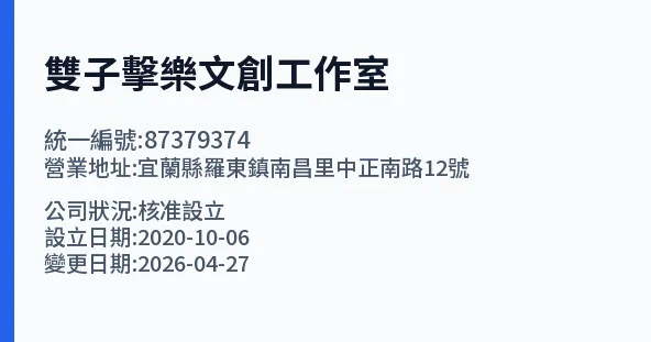 雙子擊樂文創工作室的照片-統編 87379374(宜蘭縣) 公司登記資料與營業項目詳細圖表