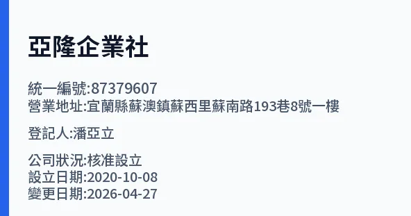 亞隆企業社的照片-統編 87379607(宜蘭縣) 公司登記資料與營業項目詳細圖表