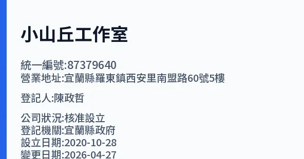 小山丘工作室的照片-統編 87379640(宜蘭縣) 公司登記資料與營業項目詳細圖表