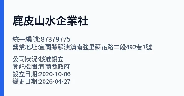 鹿皮山水企業社的照片-統編 87379775(宜蘭縣) 公司登記資料與營業項目詳細圖表