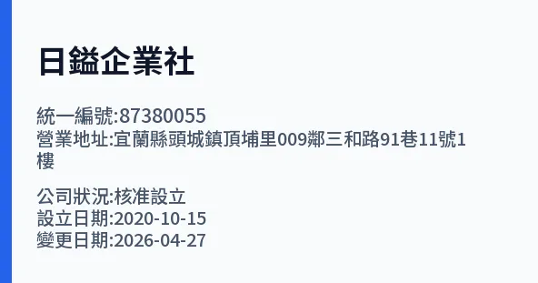 日鎰企業社的照片-統編 87380055(宜蘭縣) 公司登記資料與營業項目詳細圖表