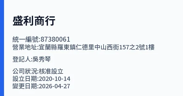 盛利商行的照片-統編 87380061(宜蘭縣) 公司登記資料與營業項目詳細圖表