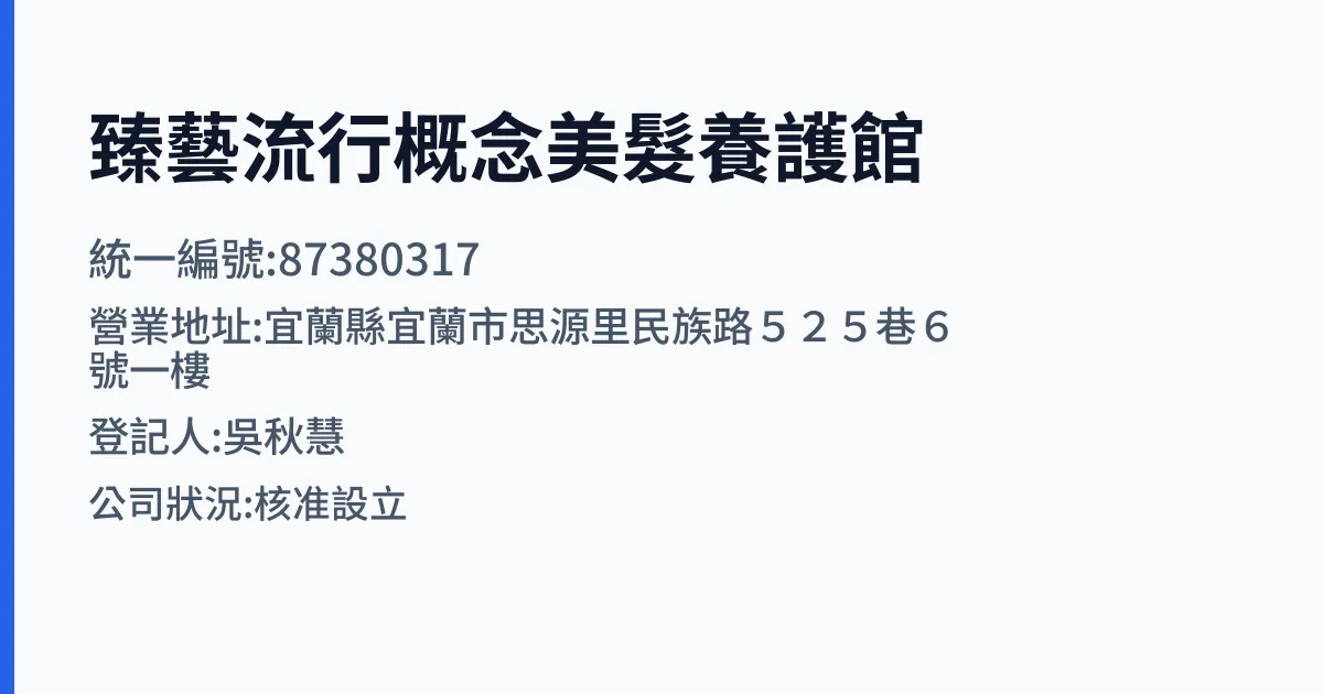 臻藝流行概念美髮養護館 - 統編 87380317(宜蘭縣) 公司登記資料與營業項目詳細圖表