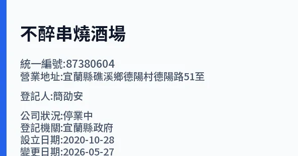 不醉串燒酒場的照片-統編 87380604(宜蘭縣) 公司登記資料與營業項目詳細圖表