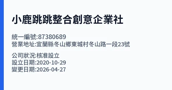 小鹿跳跳整合創意企業社的照片-統編 87380689(宜蘭縣) 公司登記資料與營業項目詳細圖表