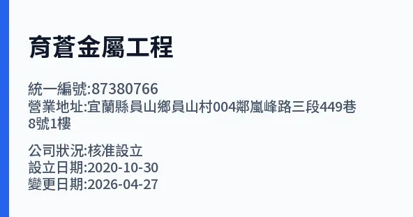 育蒼金屬工程的照片-統編 87380766(宜蘭縣) 公司登記資料與營業項目詳細圖表