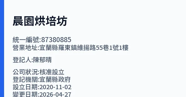 晨園烘培坊的照片-統編 87380885(宜蘭縣) 公司登記資料與營業項目詳細圖表