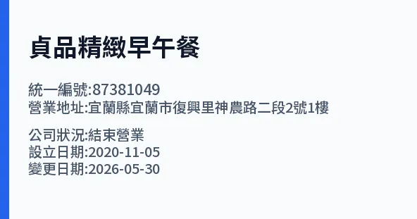 貞品精緻早午餐的照片-統編 87381049(宜蘭縣) 公司登記資料與營業項目詳細圖表