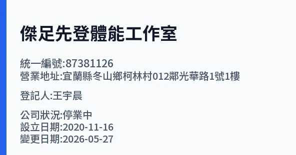 傑足先登體能工作室的照片-統編 87381126(宜蘭縣) 公司登記資料與營業項目詳細圖表