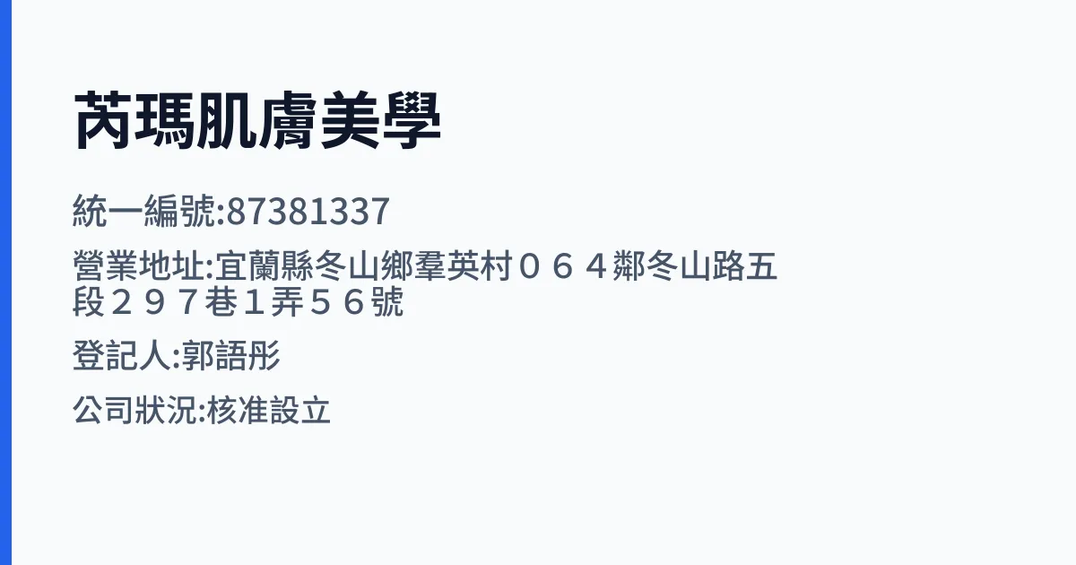 芮瑪肌膚美學 - 統編 87381337(宜蘭縣) 公司登記資料與營業項目詳細圖表