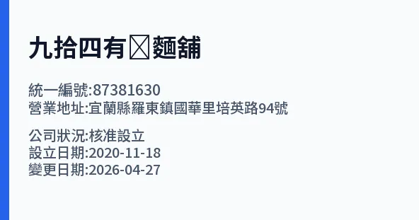 九拾四有焿麵舖的照片-統編 87381630(宜蘭縣) 公司登記資料與營業項目詳細圖表