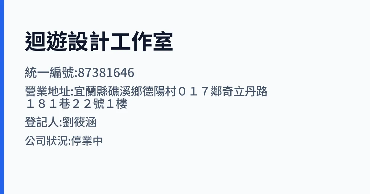 迴遊設計工作室 - 統編 87381646(宜蘭縣) 公司登記資料與營業項目詳細圖表