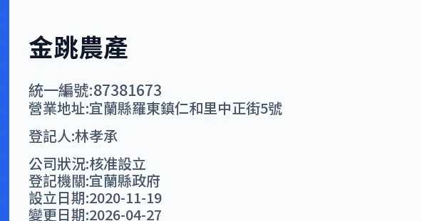 金跳農產的照片-統編 87381673(宜蘭縣) 公司登記資料與營業項目詳細圖表
