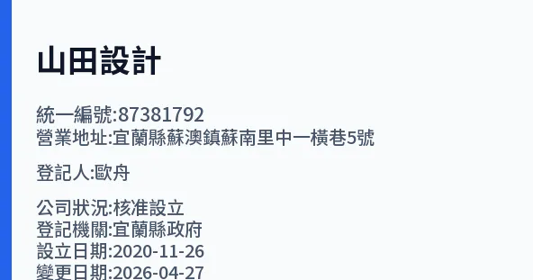 山田設計的照片-統編 87381792(宜蘭縣) 公司登記資料與營業項目詳細圖表