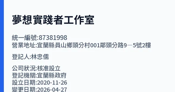 夢想實踐者工作室的照片-統編 87381998(宜蘭縣) 公司登記資料與營業項目詳細圖表